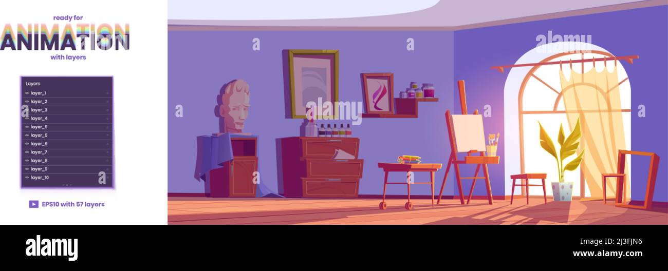 Art studio, artist room with canvas and brushes on easel. Vector ...