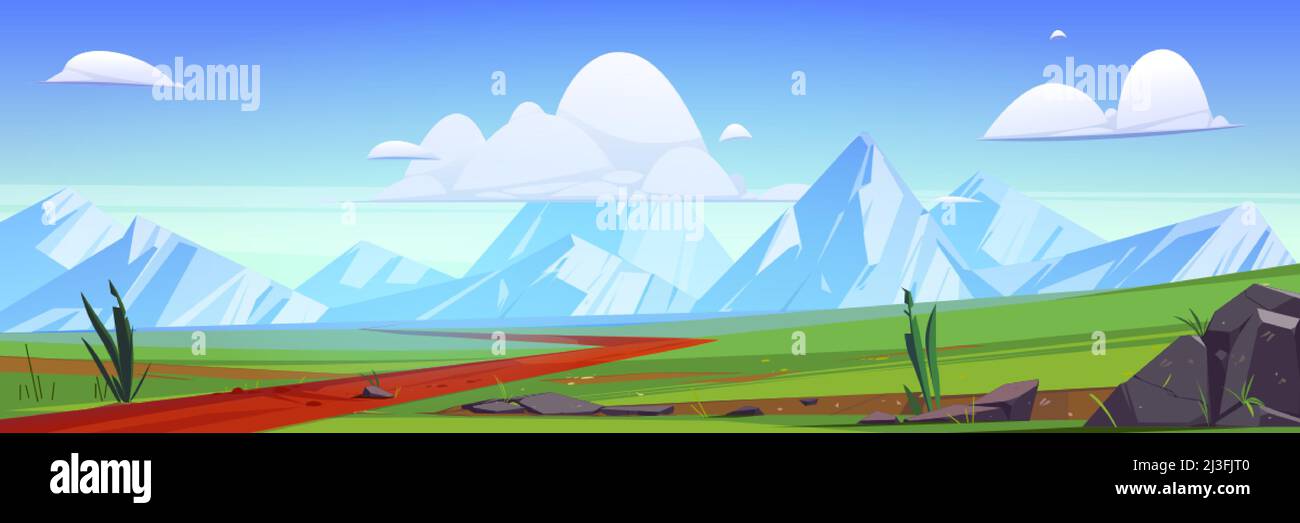 Cartoon nature mountain landscape with rural dirt road going along ...