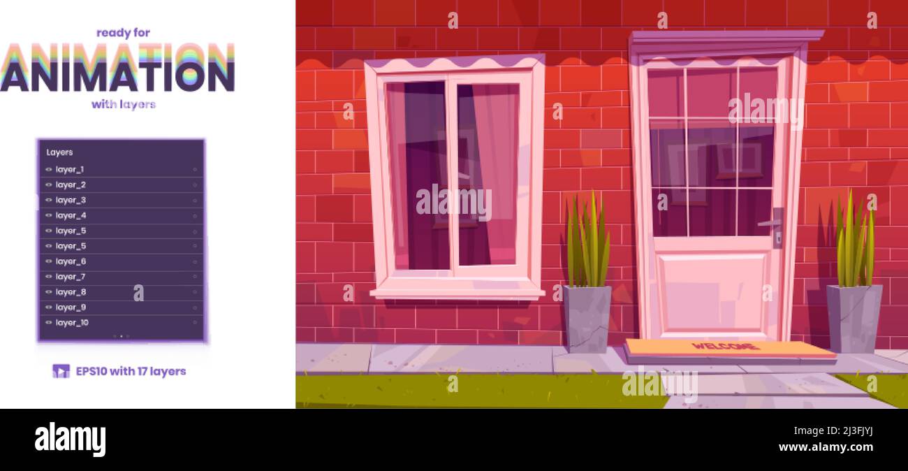 House facade with red brick wall, closed door and window. Vector ...