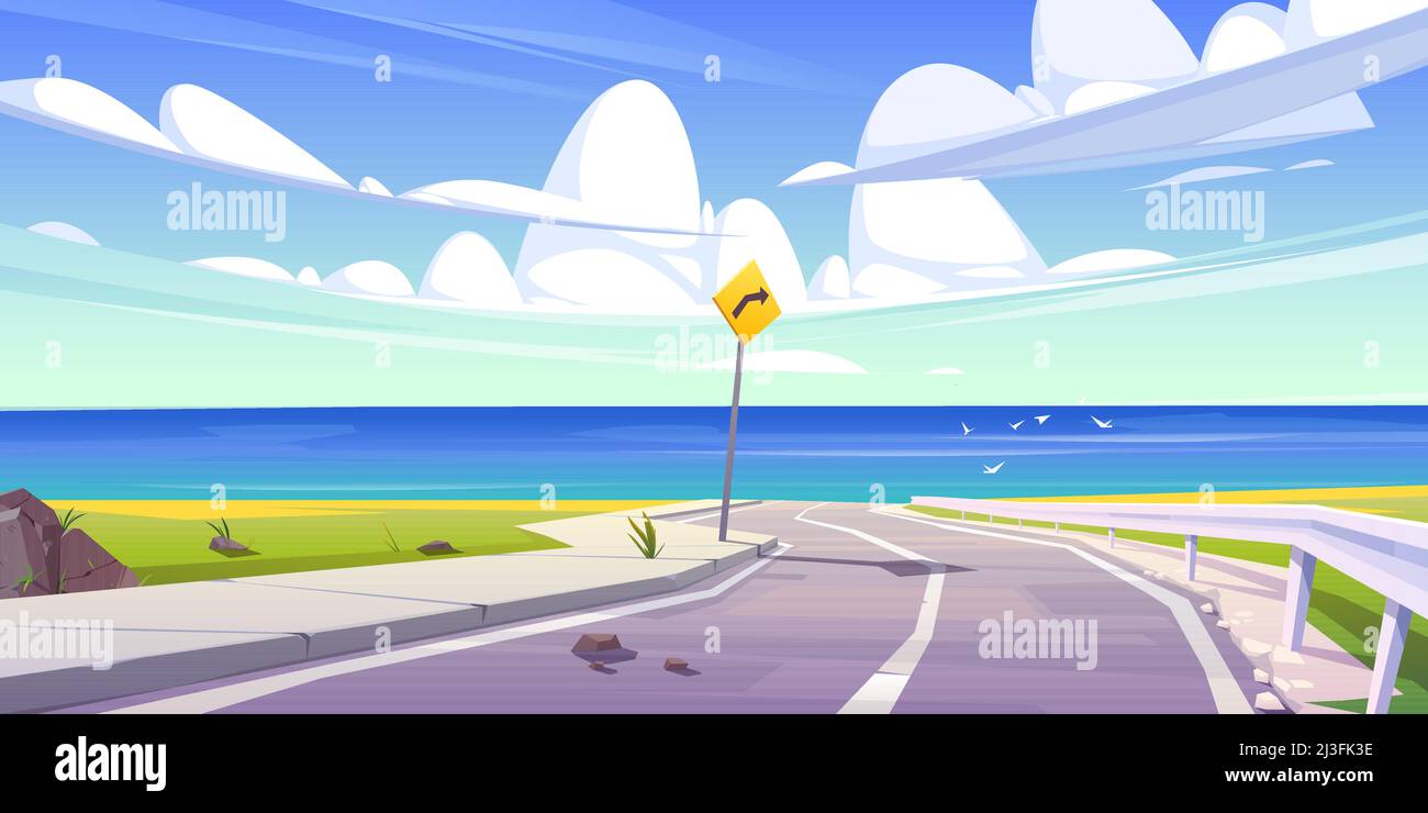 Asphalt road with seaview and blue sky with fluffy clouds, curly empty ...