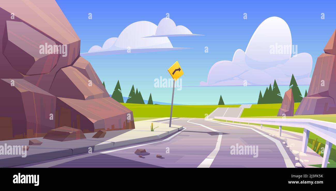 Mountain asphalt road with metal railings, empty highway in rocky ...