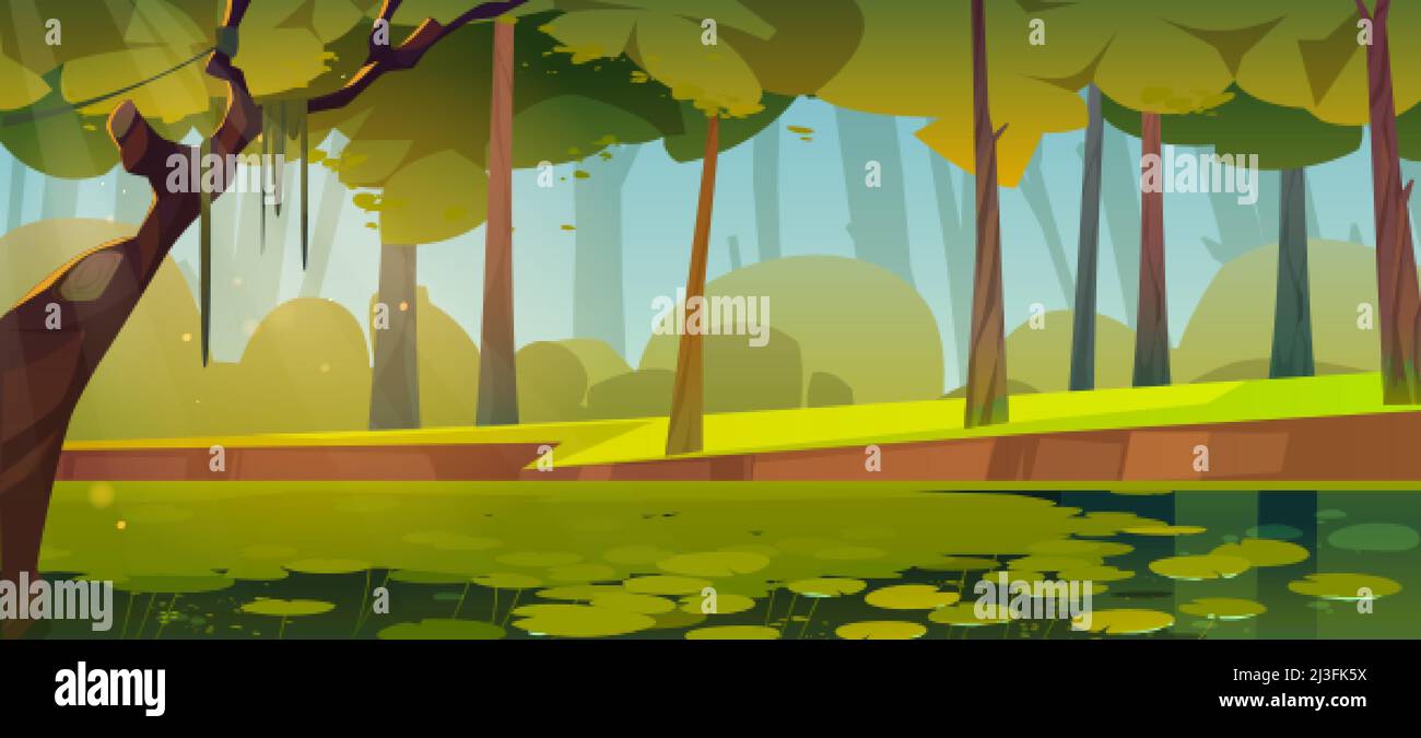Summer forest landscape with swamp. Vector cartoon illustration of pond ...