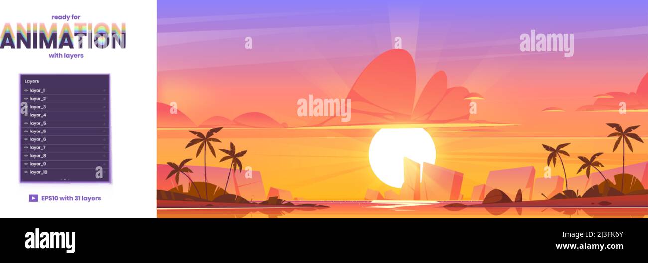 Tropical landscape with sea and palm trees on sand beach at sunset ...