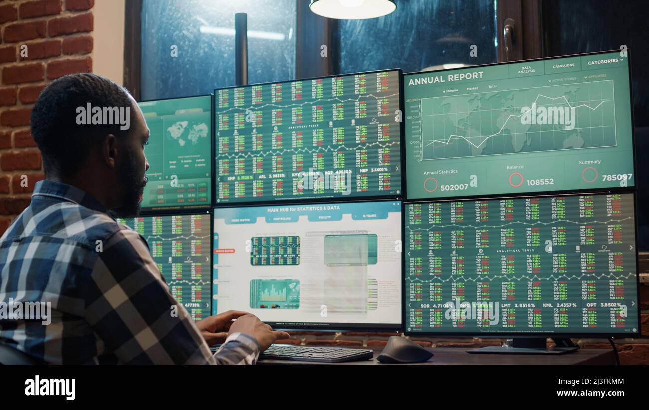 Hedge fund trader using market exchange statistics on multi monitors ...