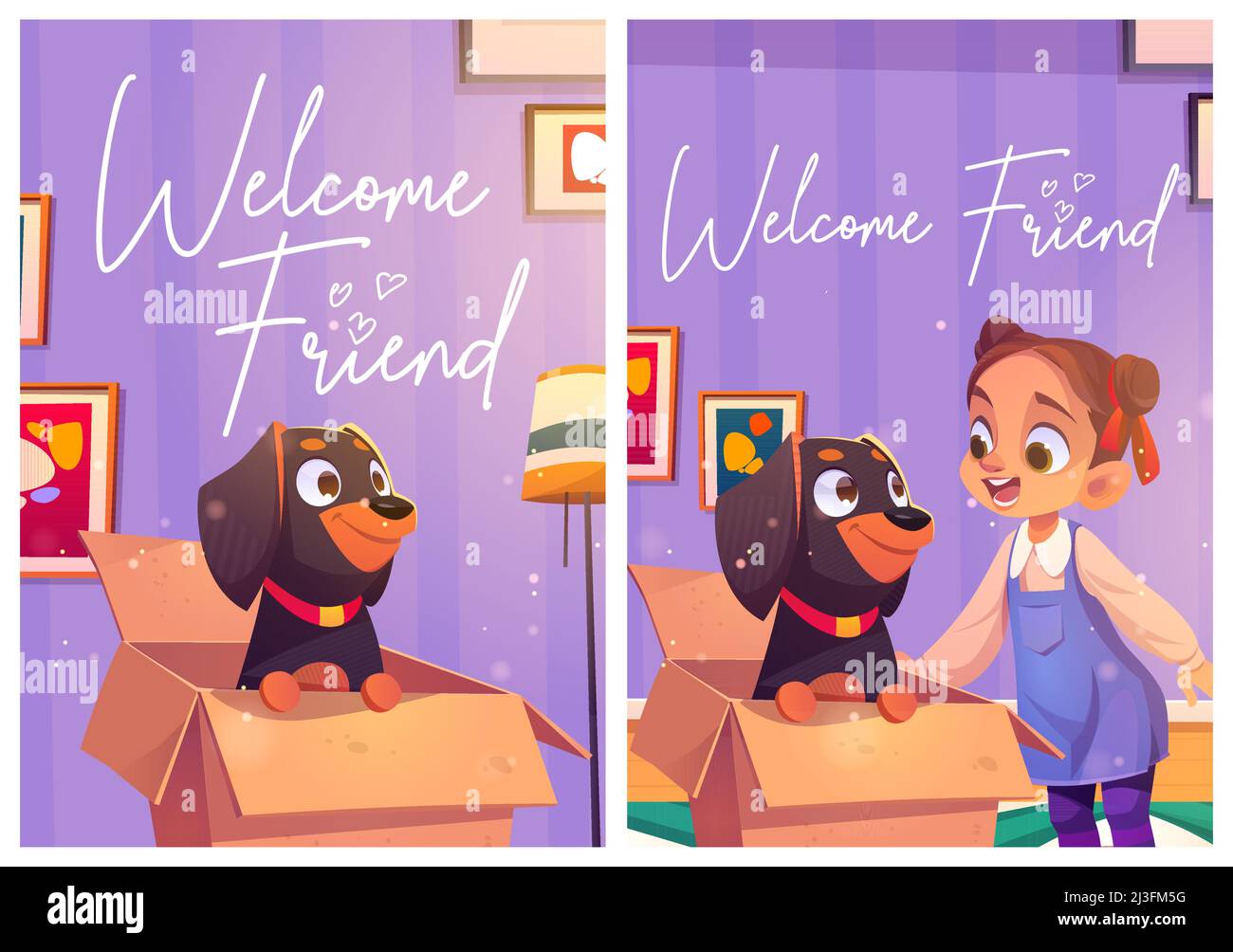 Welcome friend cartoon posters. Happy little girl find dachshund puppy ...