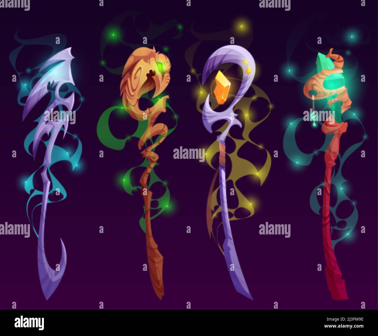 Set of magic staff, wands or walk sticks with glow gems, crystals ...