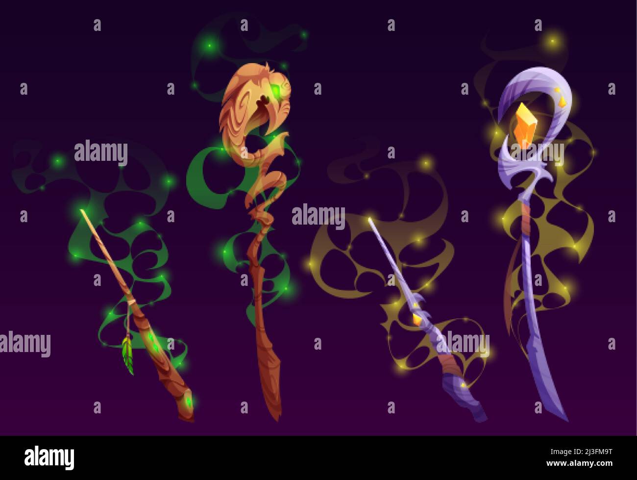 Fantasy magic staves and wands, wizard scepters for cast spells. Vector ...