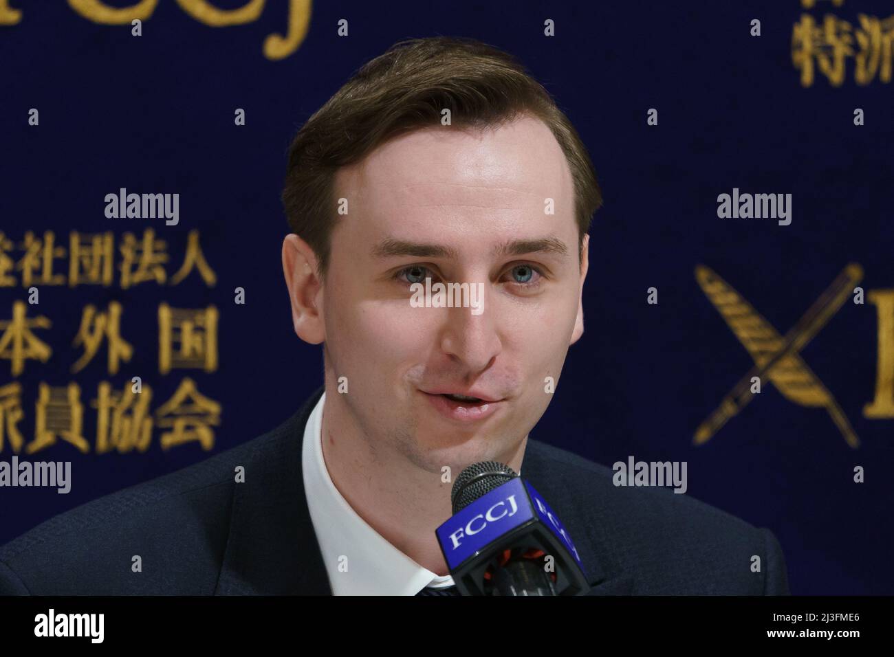 Ukraine's YouTuber Sava Tkachov attends a press conference with his young brother Yan Tkachov at ...