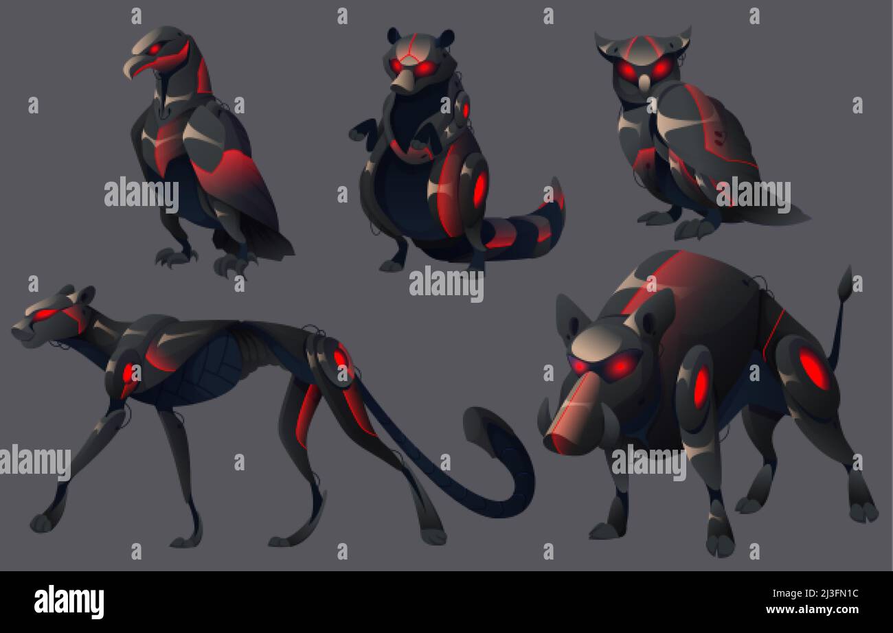 Evil mechanical animals, panther, owl, eagle, raccoon and boar robots ...