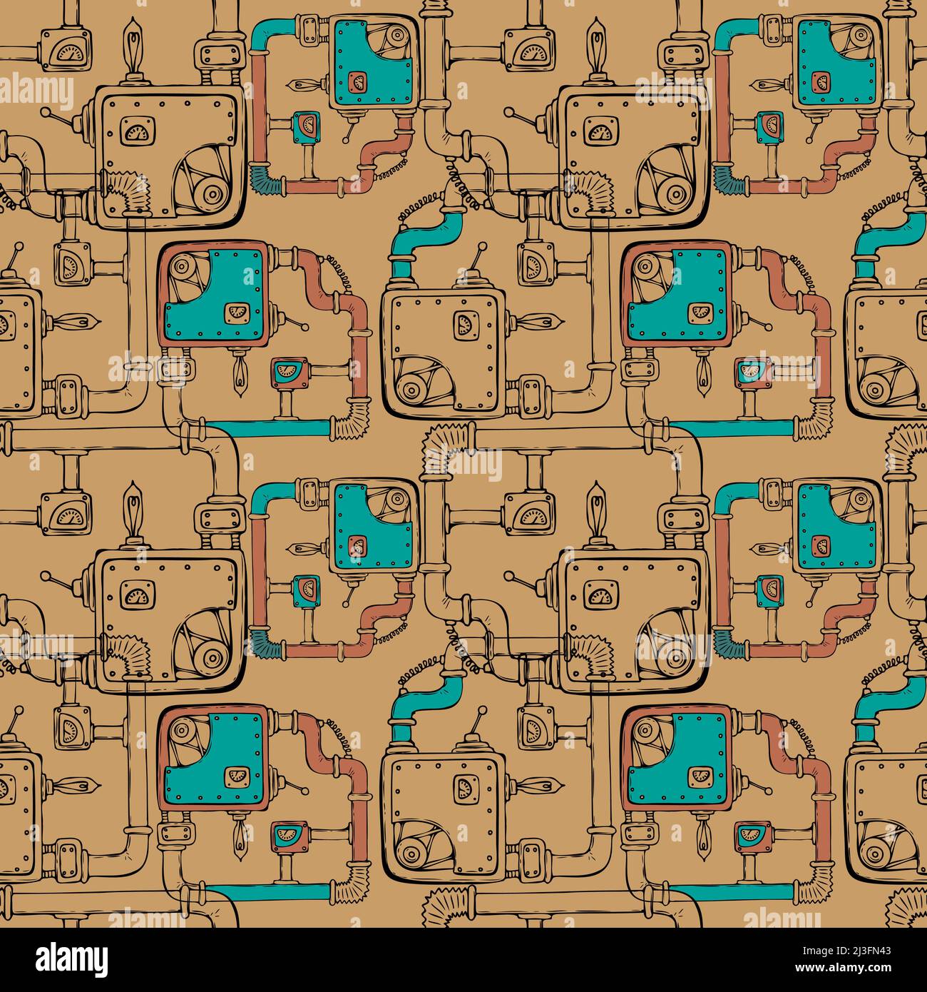 Steampunk pattern, doodle mechanisms and pipes, black contour hand ...