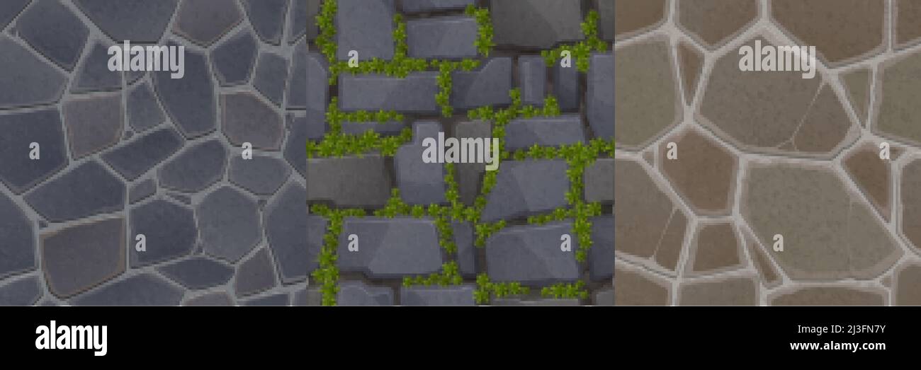 Game stone textures, seamless patterns of pavement, wall with rocks ivy ...