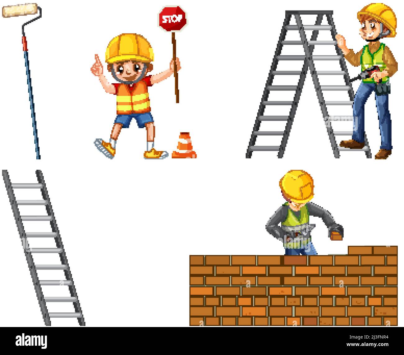 Set of construction site objects and workers illustration Stock Vector ...