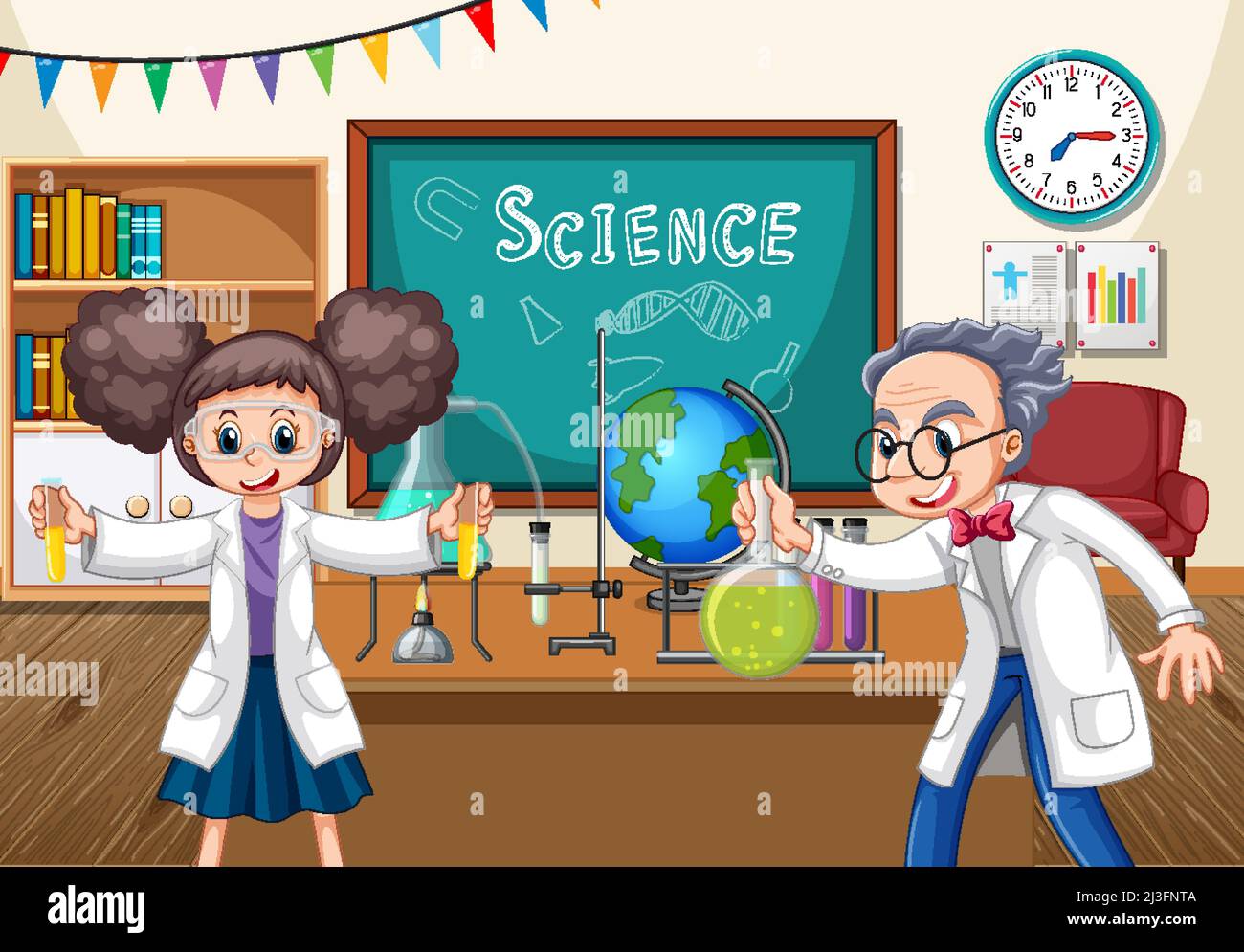 Classroom scene with scientist doing experiment illustration Stock ...