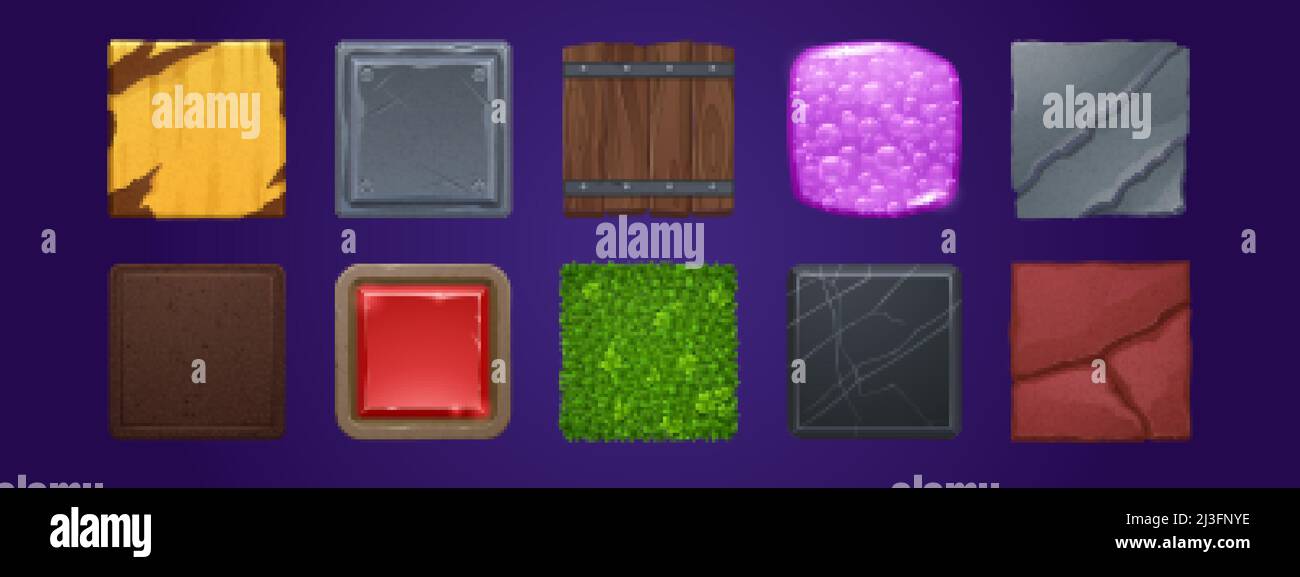 Game ui app icons, square buttons, cartoon menu interface textured blocks. Gui graphic elements ...