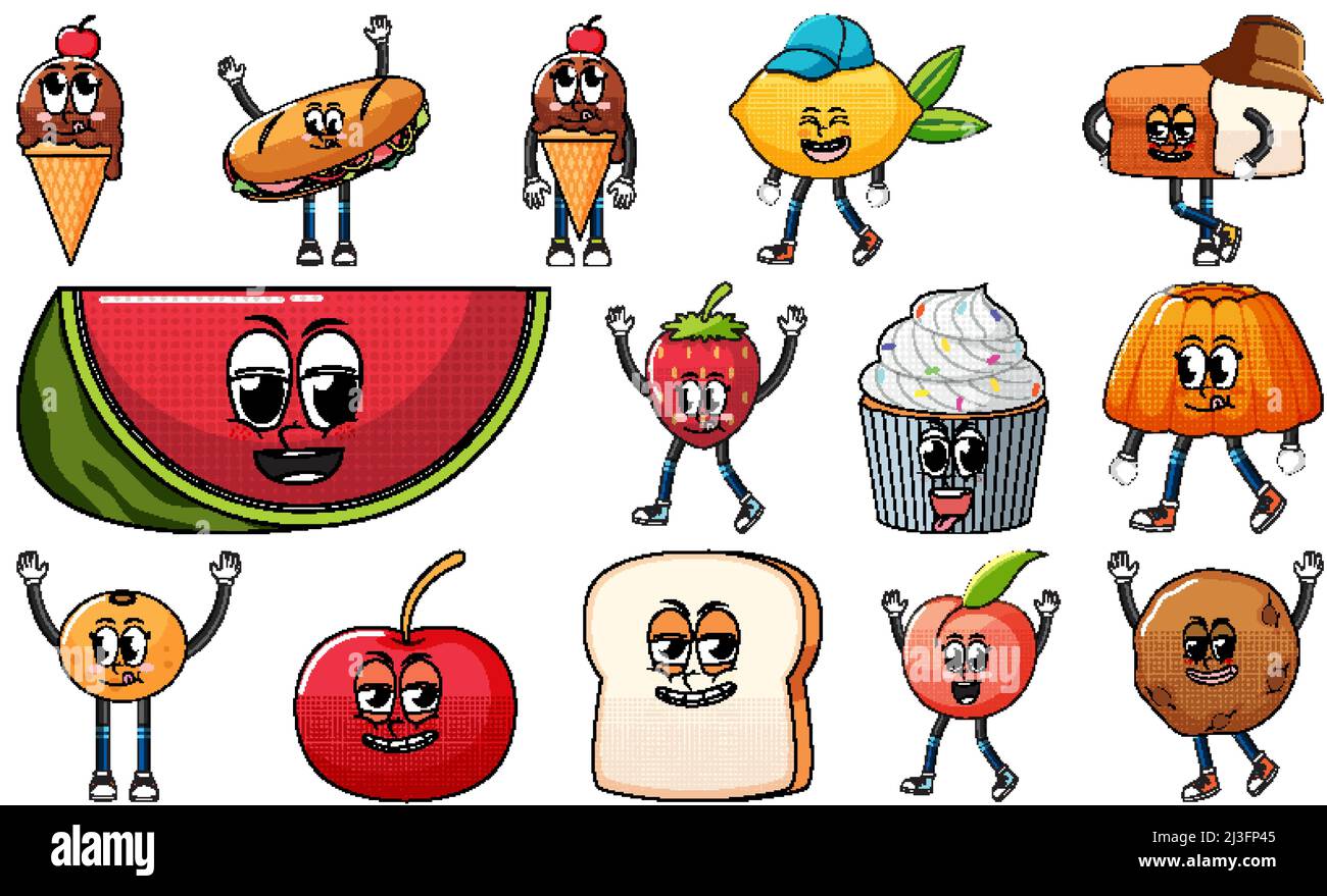 Set of facial expression with vintage style food cartoon on white ...