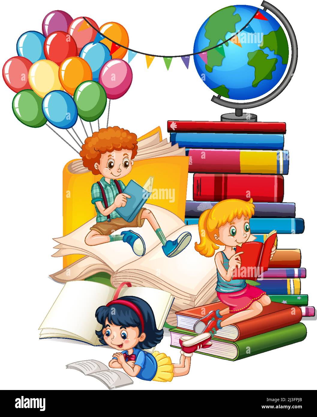 Three children are reading books on a stack of books illustration Stock ...