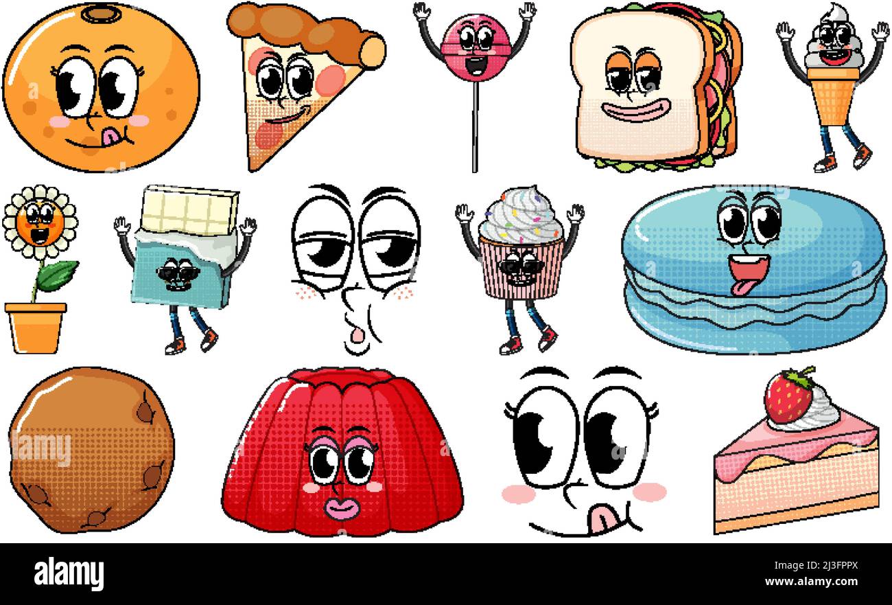 Set of facial expression with vintage style food cartoon on white ...