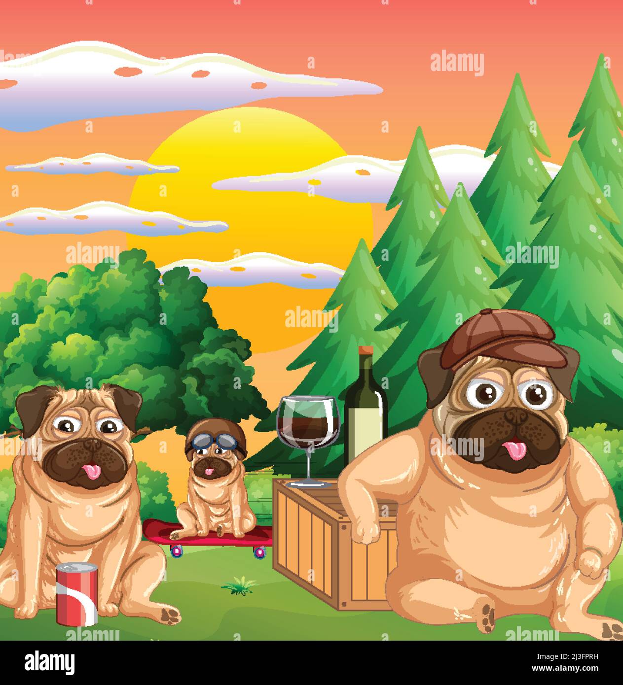Outdoor scene with cartoon pug dogs illustration Stock Vector Image ...