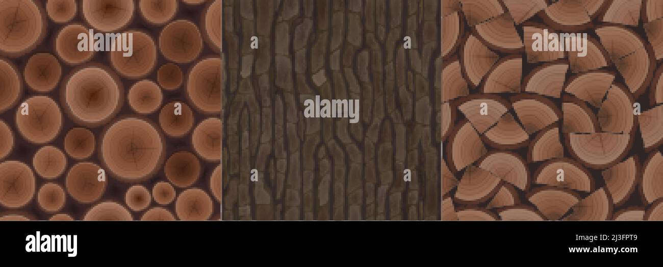 Wooden textures seamless patterns for game, tree bark, woodpile with ...