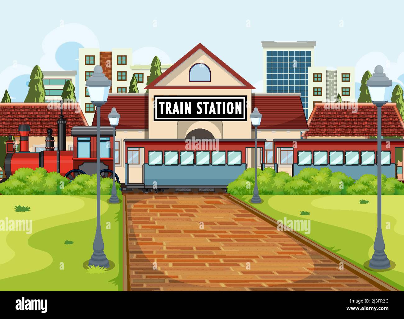 Train station scene with steam locomotive illustration Stock Vector ...