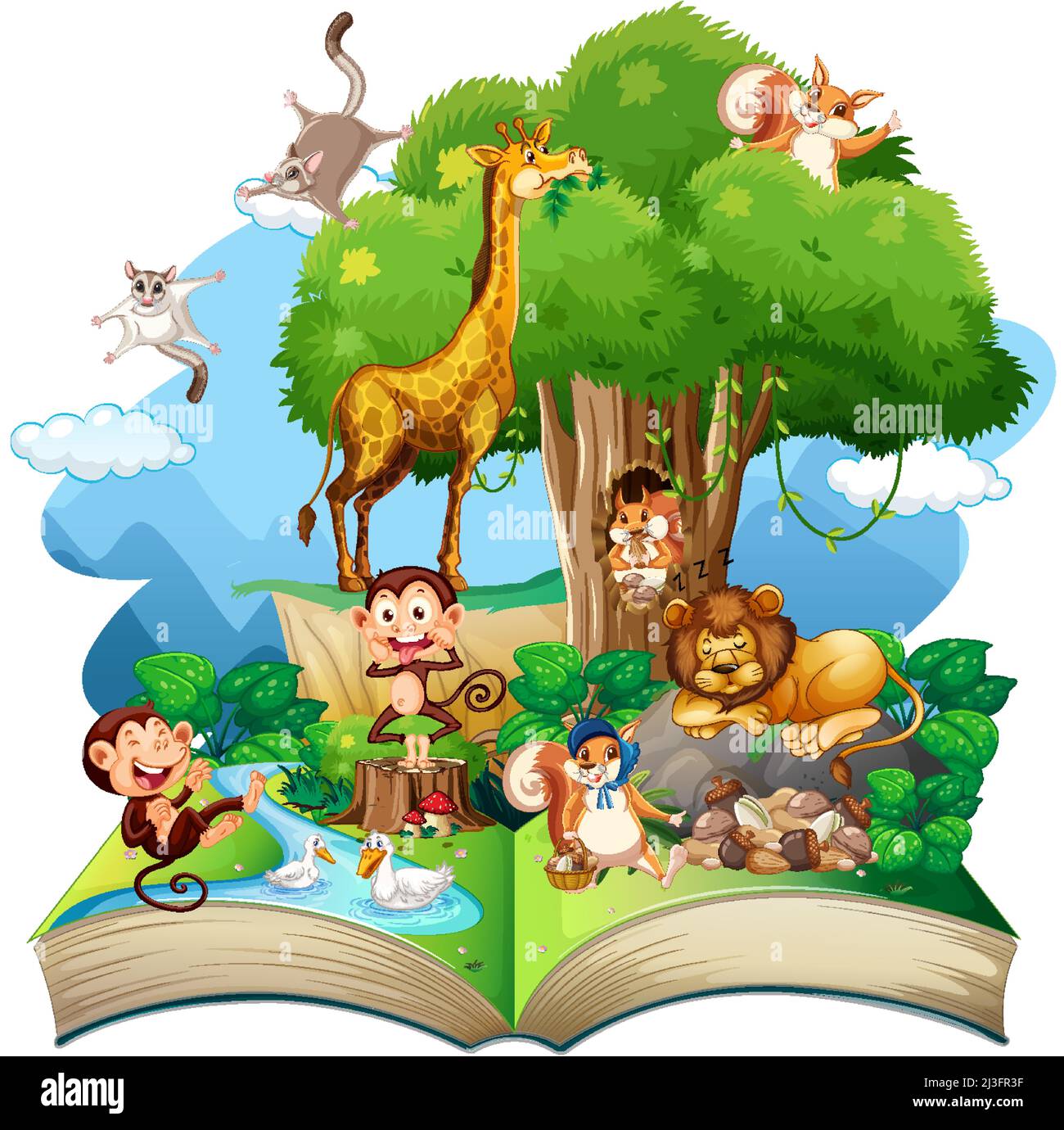 Open book forest theme with animal on white background illustration ...