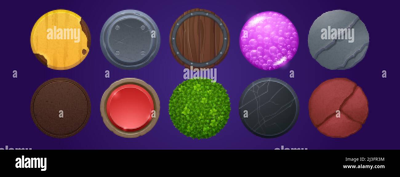 Round buttons with wooden, metal, rock and black marble textures for ui ...