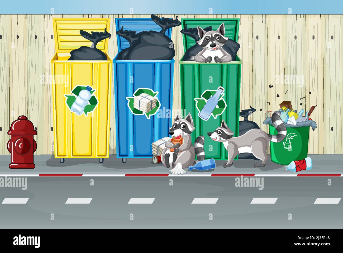 Street scene with dirty trash and raccoons illustration Stock Vector ...