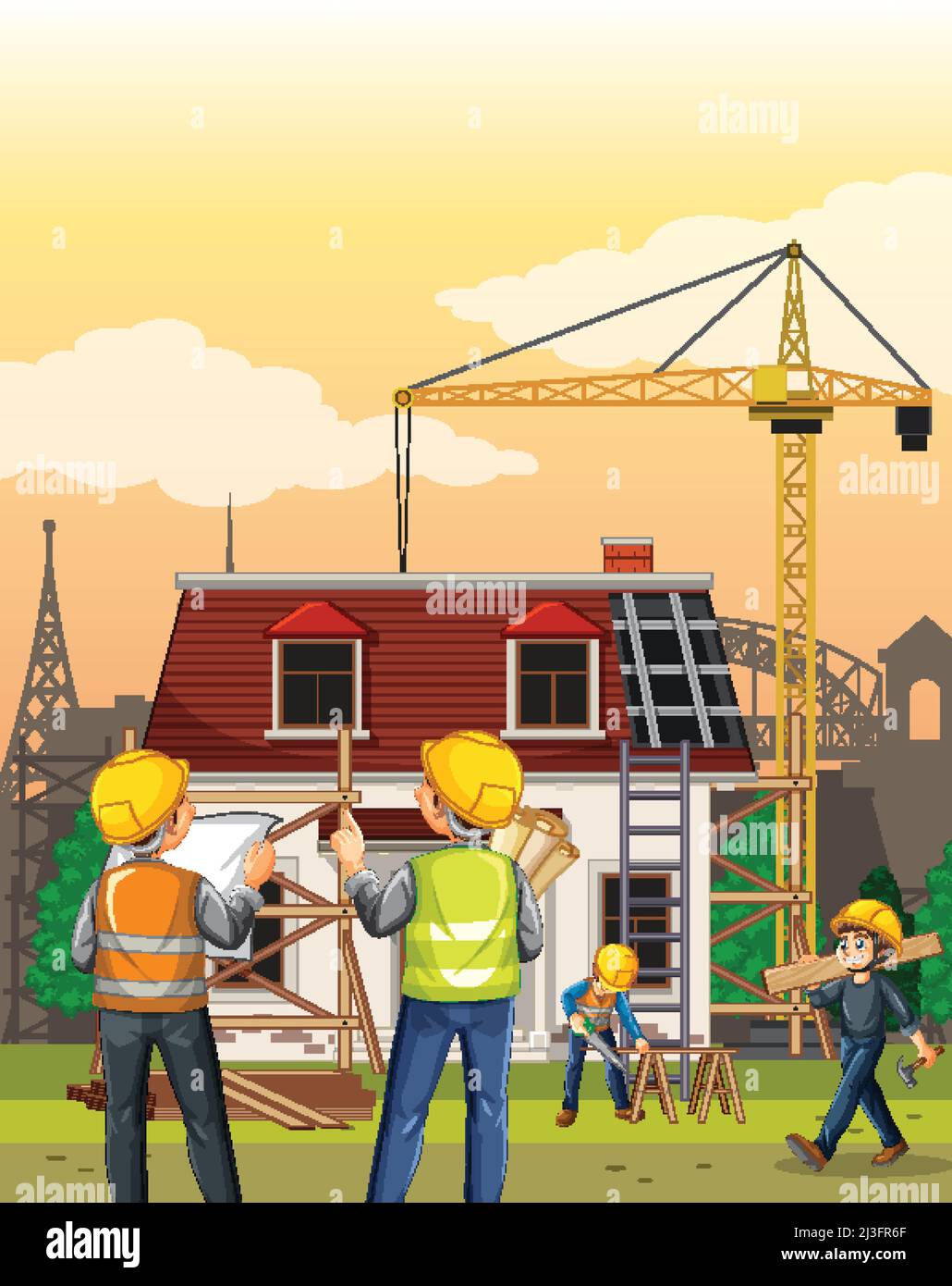 Building construction site with workers illustration Stock Vector Image ...