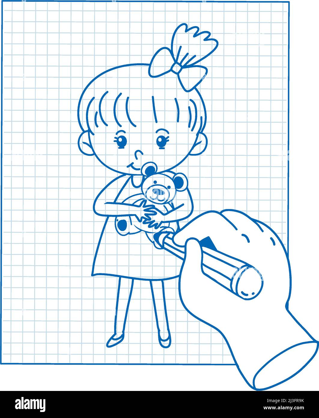 Sketching little girl on grid paper illustration Stock Vector Image ...