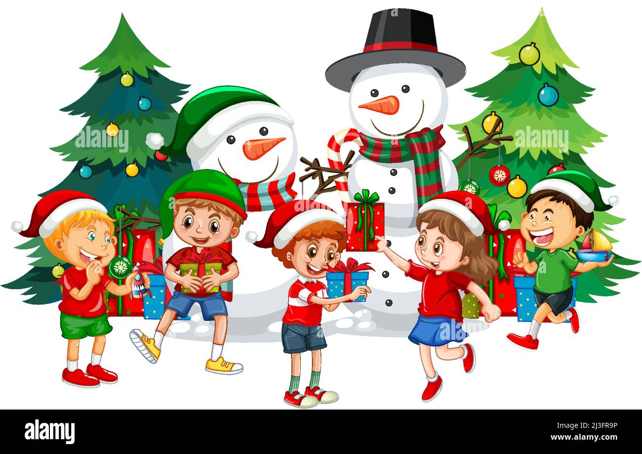 Children celebrating Christmas with snowman and Christmas tree ...