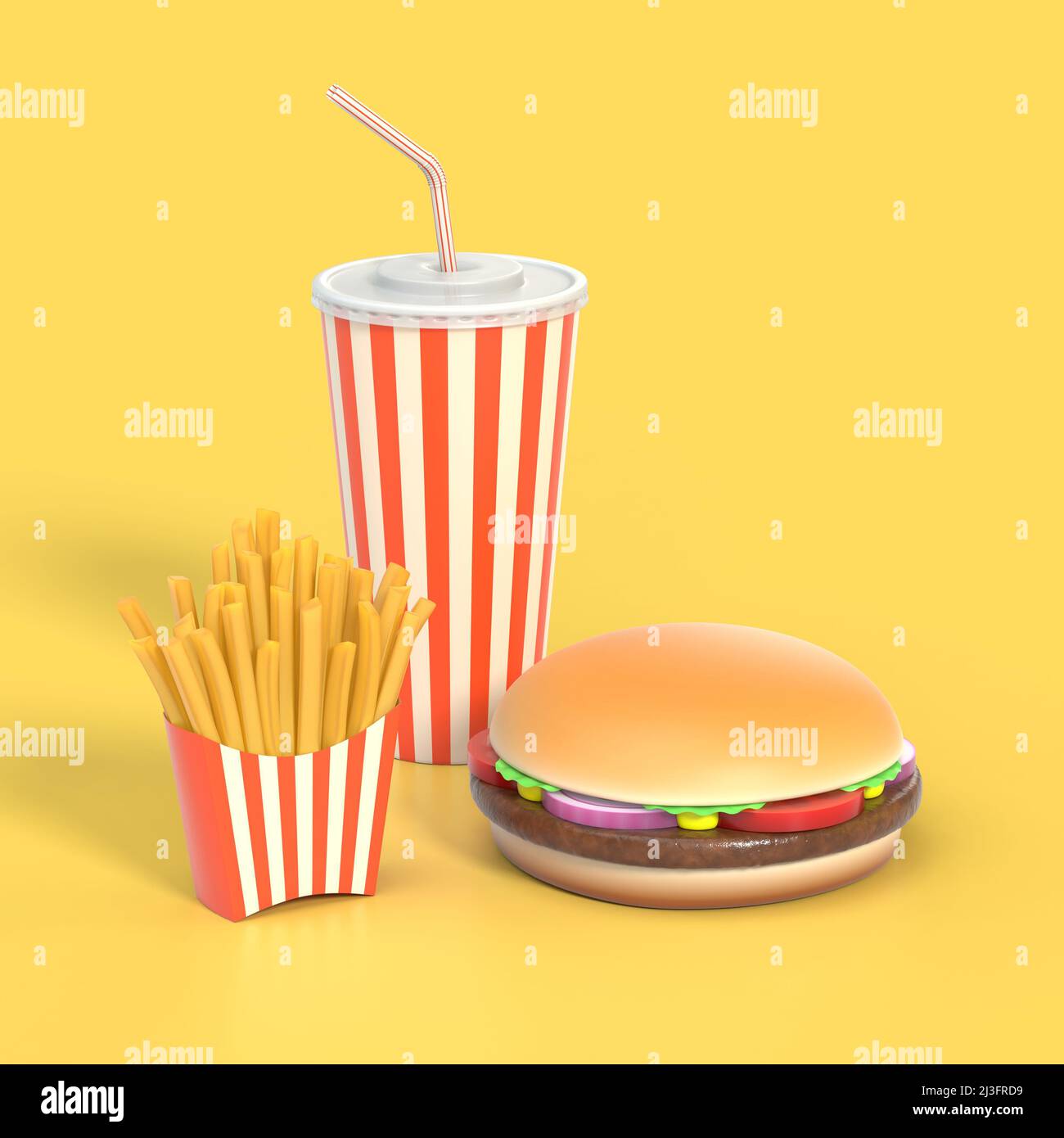 Fast food set on yellow background with shadow. Hamburger, french fries ...