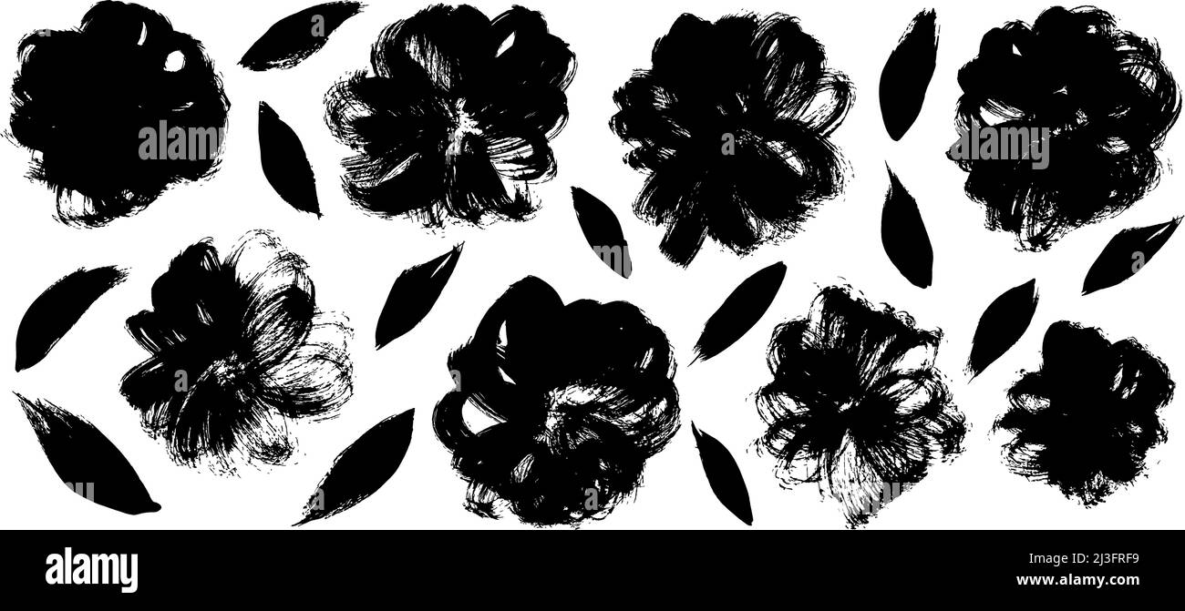 Hand draw brush vector flowers textured silhouette Stock Vector Image ...