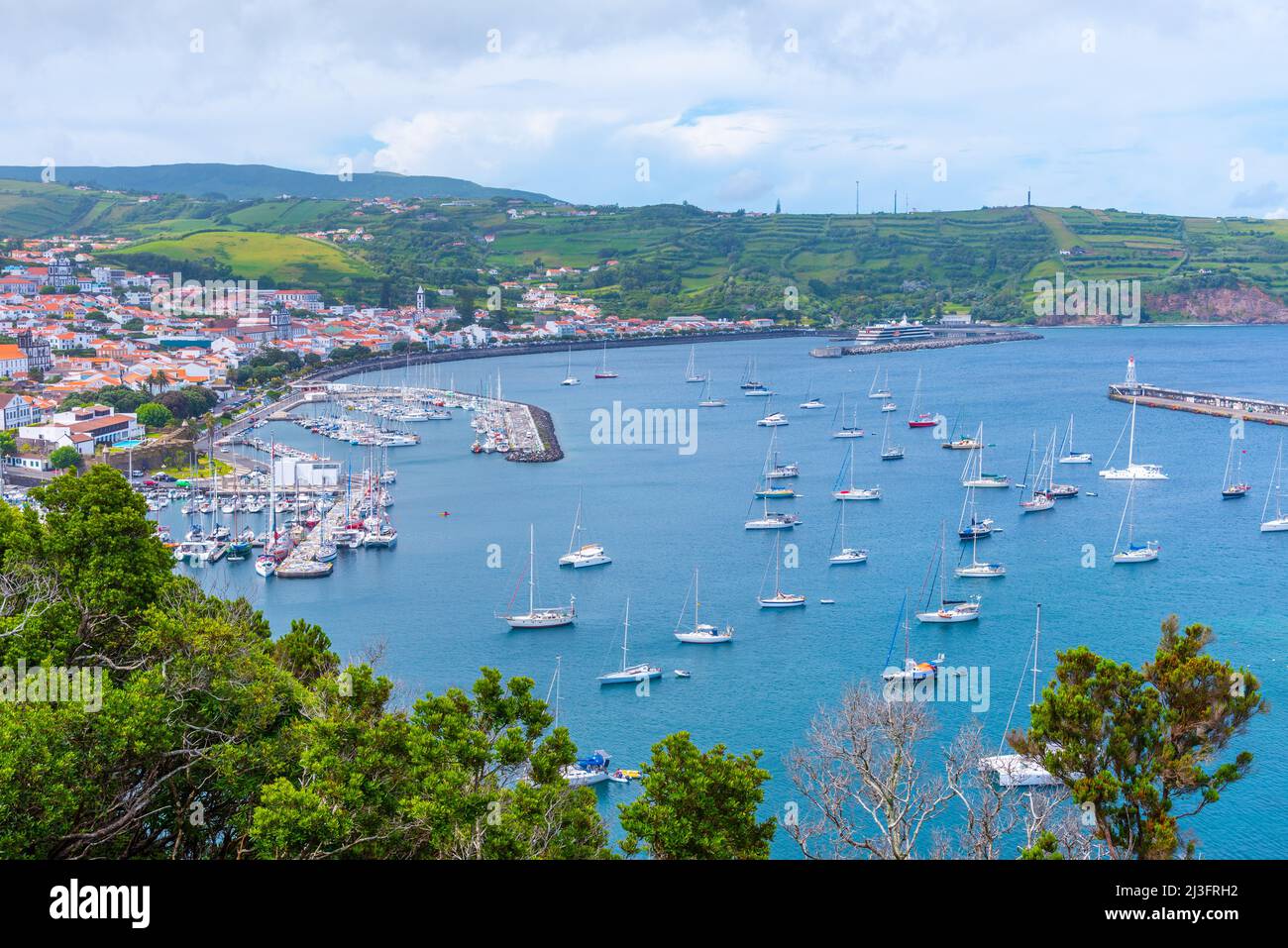 Aerial view of port in Portuguese town Horta Stock Photo - Alamy