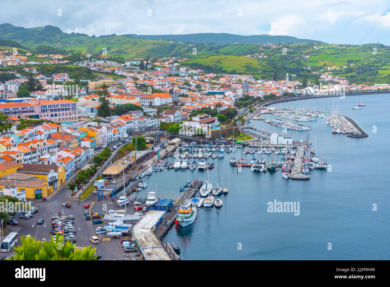 Aerial view of port in Portuguese town Horta Stock Photo - Alamy