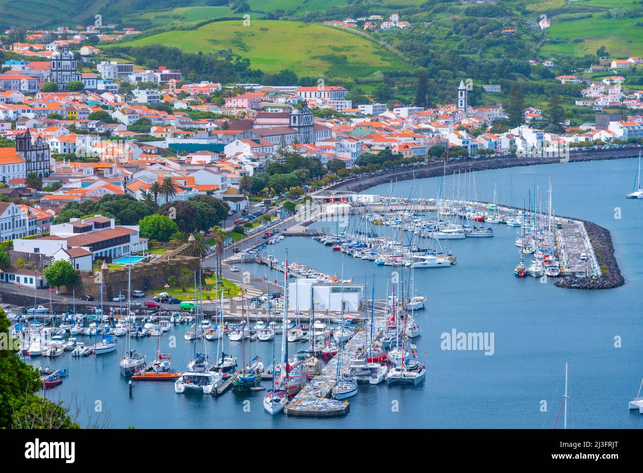 Aerial view of port in Portuguese town Horta Stock Photo - Alamy