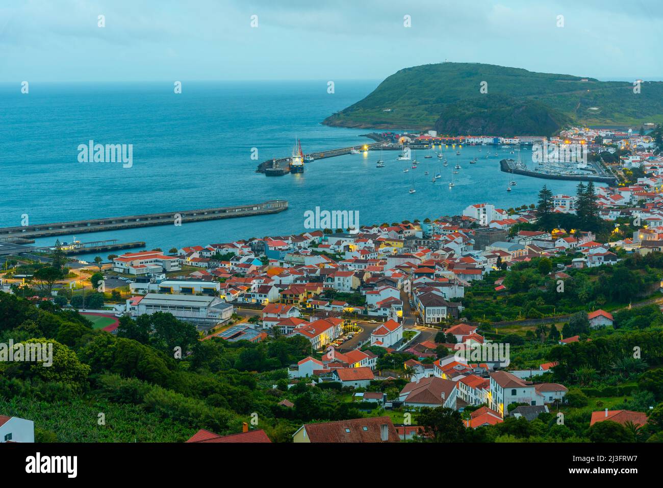 Sunset aerial view of Portuguese town Horta on Azores Stock Photo - Alamy