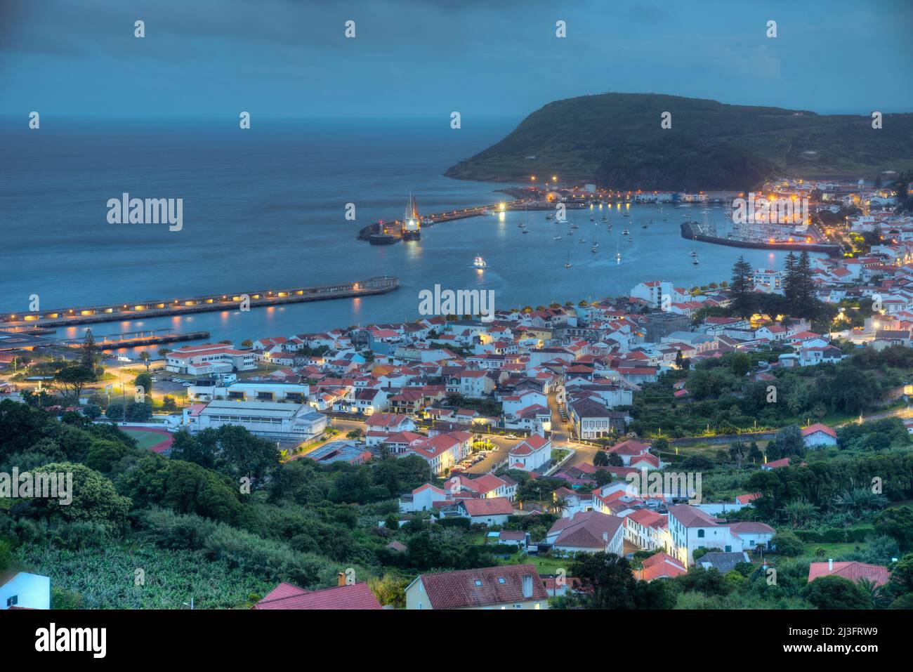 Sunset aerial view of Portuguese town Horta on Azores Stock Photo - Alamy