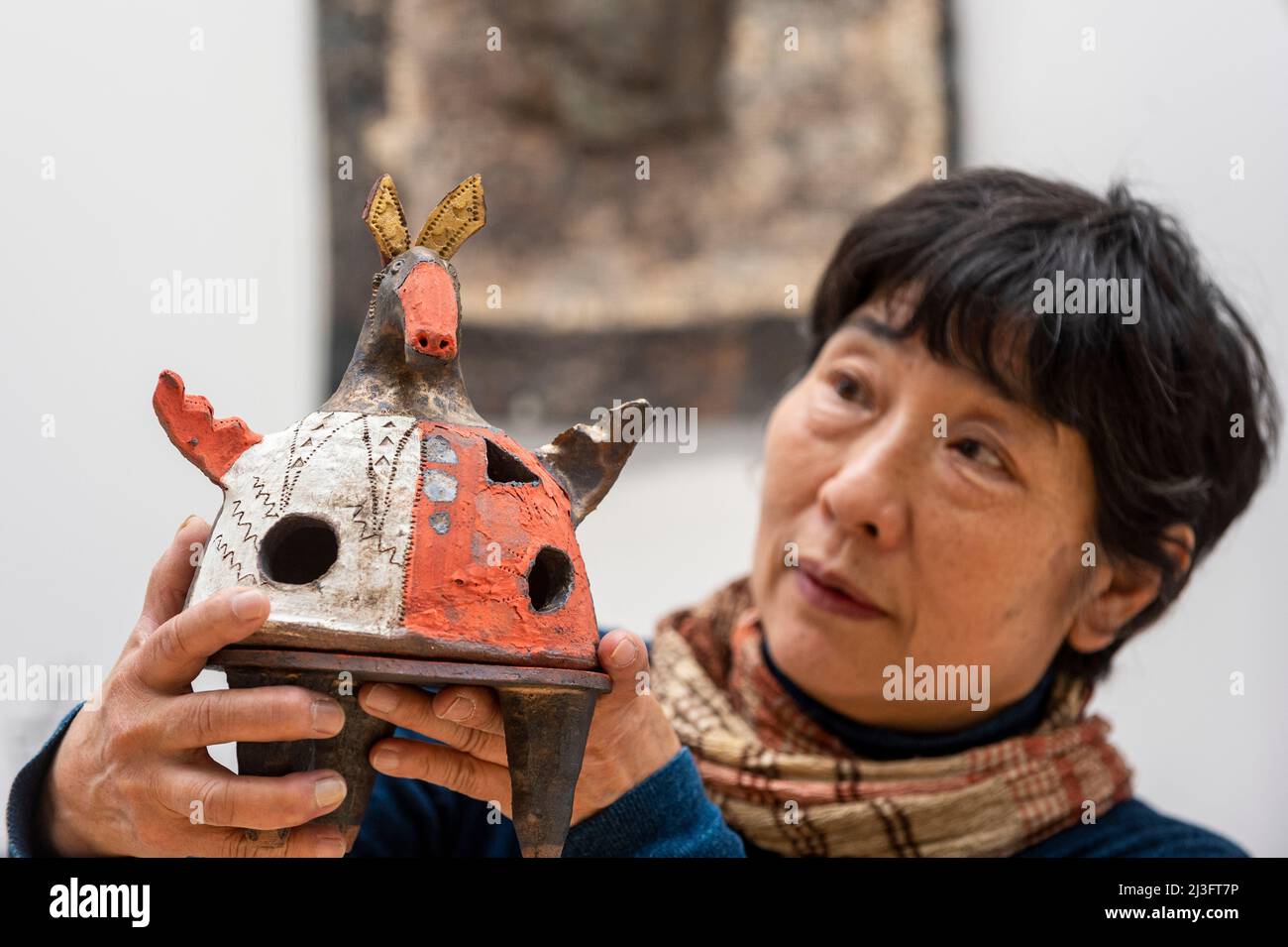 London, UK. 8th Apr, 2022. Ceramic artist Miho Inagaki presents one of ...