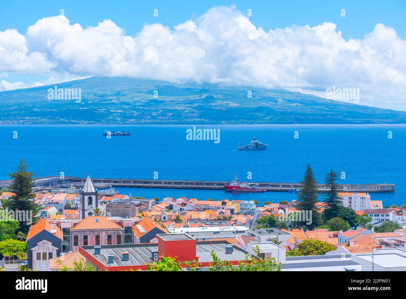 Pico island behind Horta town viewed from Faial, Azores, Portugal Stock ...
