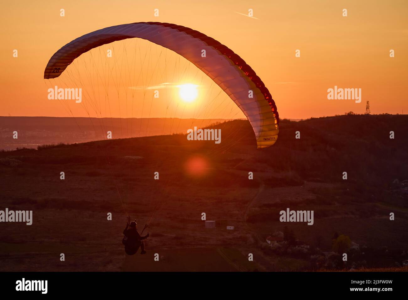 Valeni Arges Romania April 5, 2022: evening training of some skydiving ...