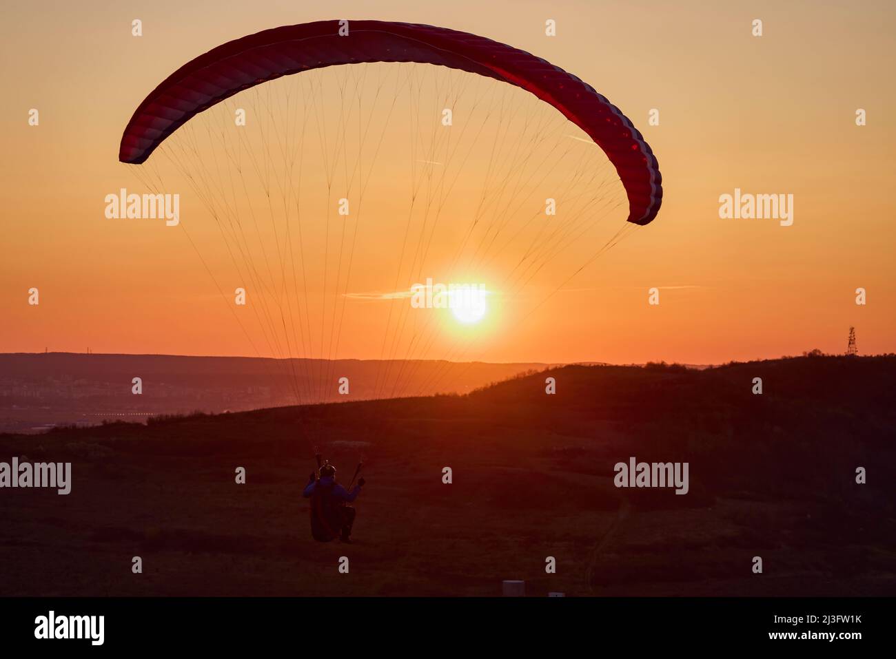 Valeni Arges Romania April 5, 2022: evening training of some skydiving ...