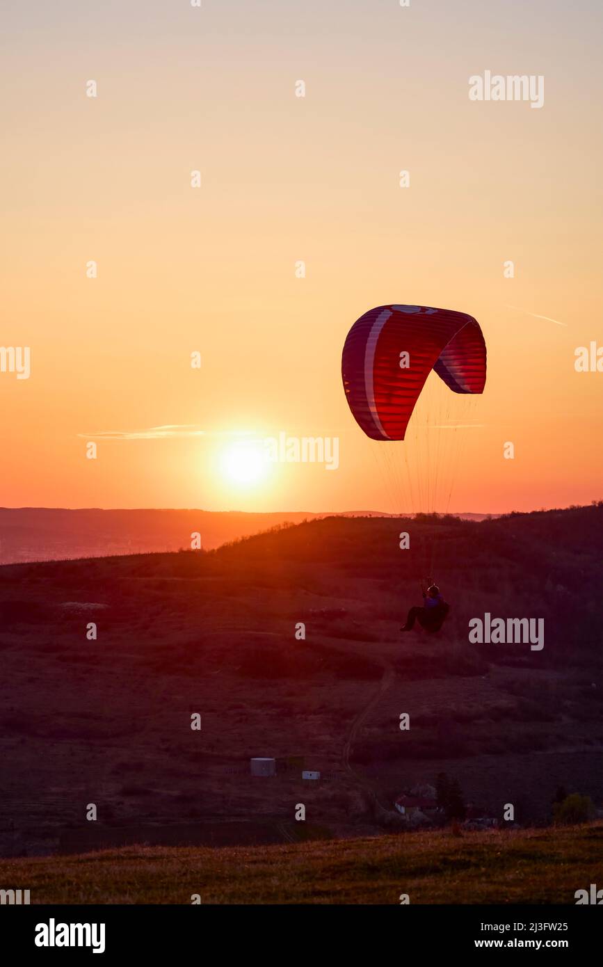 Valeni Arges Romania April 5, 2022: evening training of some skydiving ...