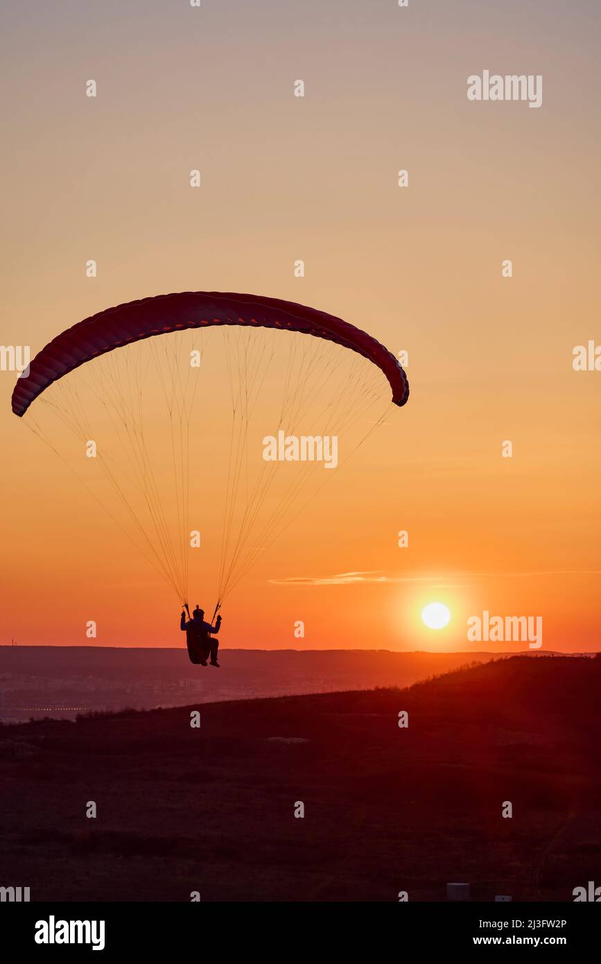 Valeni Arges Romania April 5, 2022: evening training of some skydiving ...