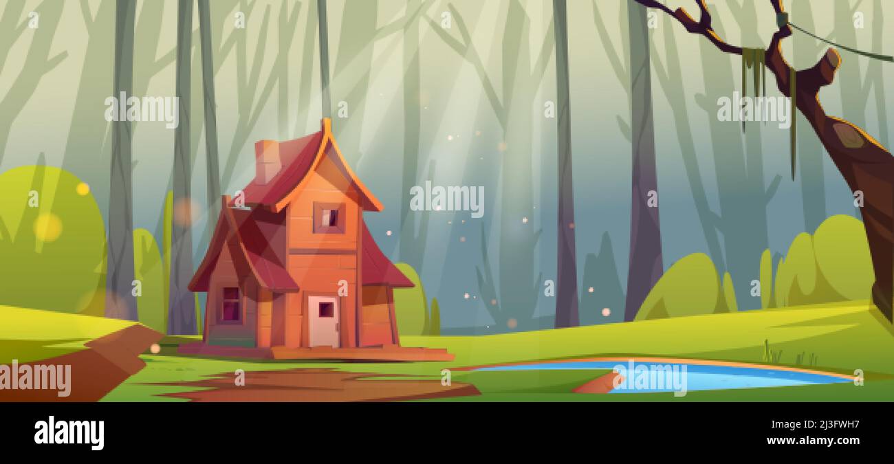 Deep forest with wooden house and pond. Vector cartoon illustration of ...