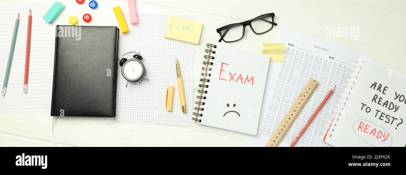 Concept of exams and tests, top view Stock Photo - Alamy
