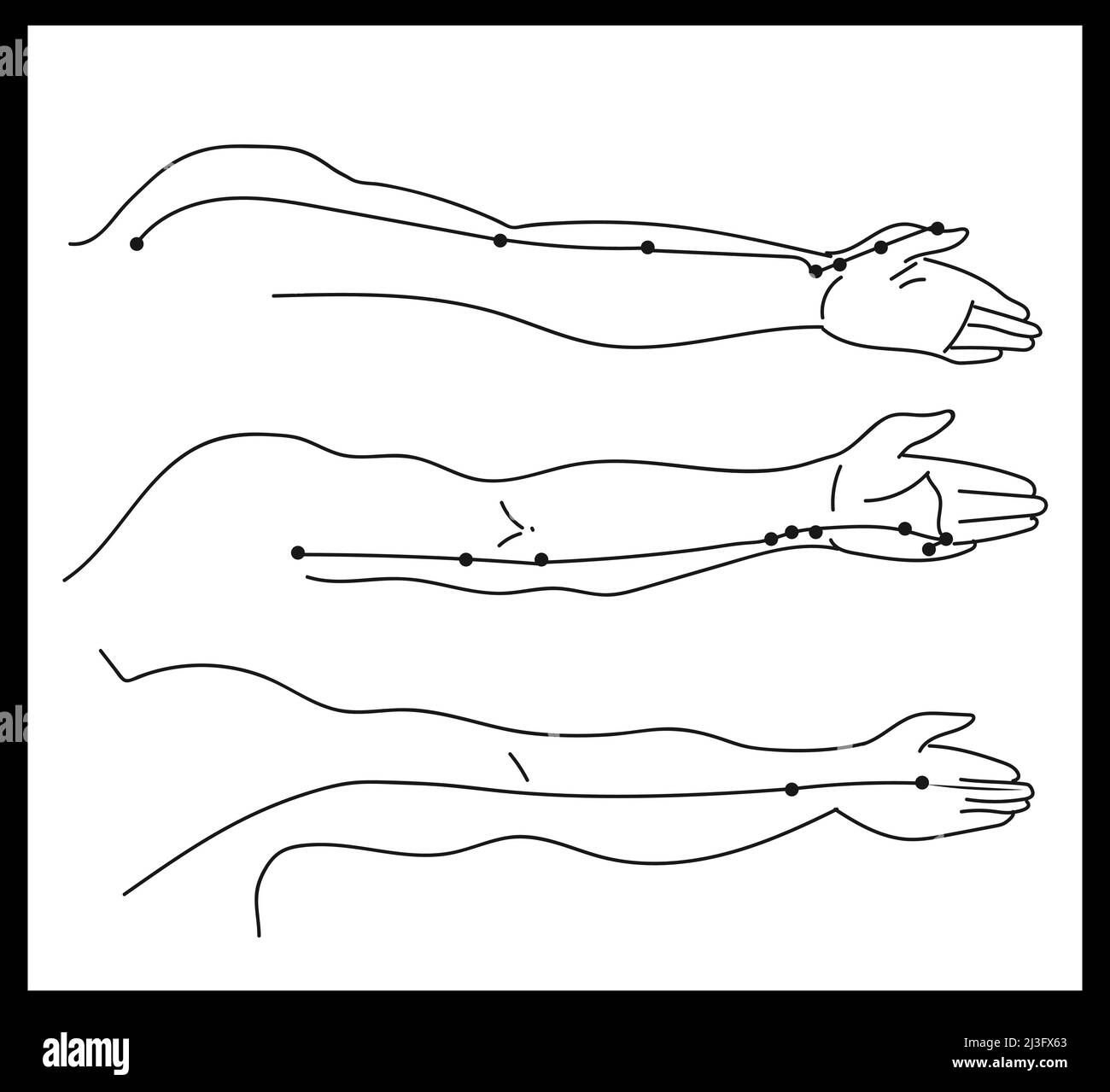 A black and white image of a human hand in three different positions ...