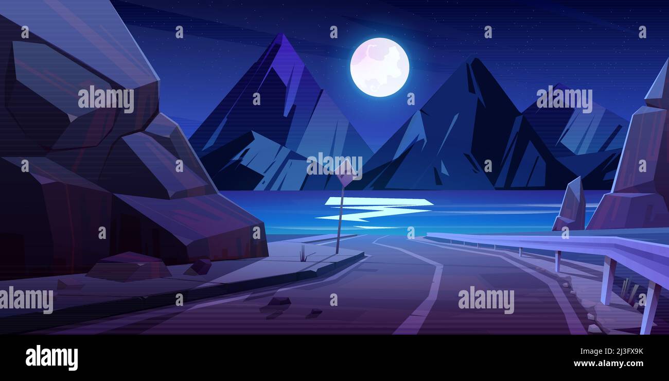 Night landscape with car road, river, mountains on horizon and full ...