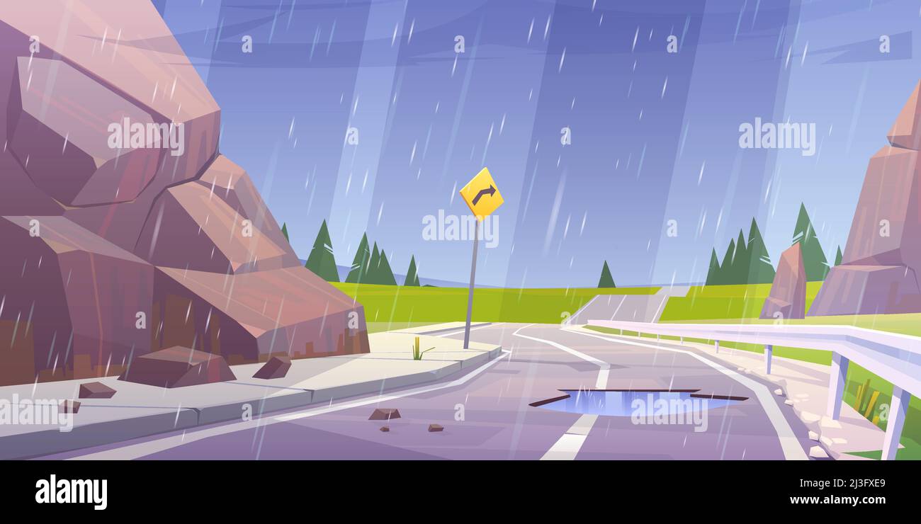 Car road, rocks and green fields in rain. Vector cartoon illustration ...