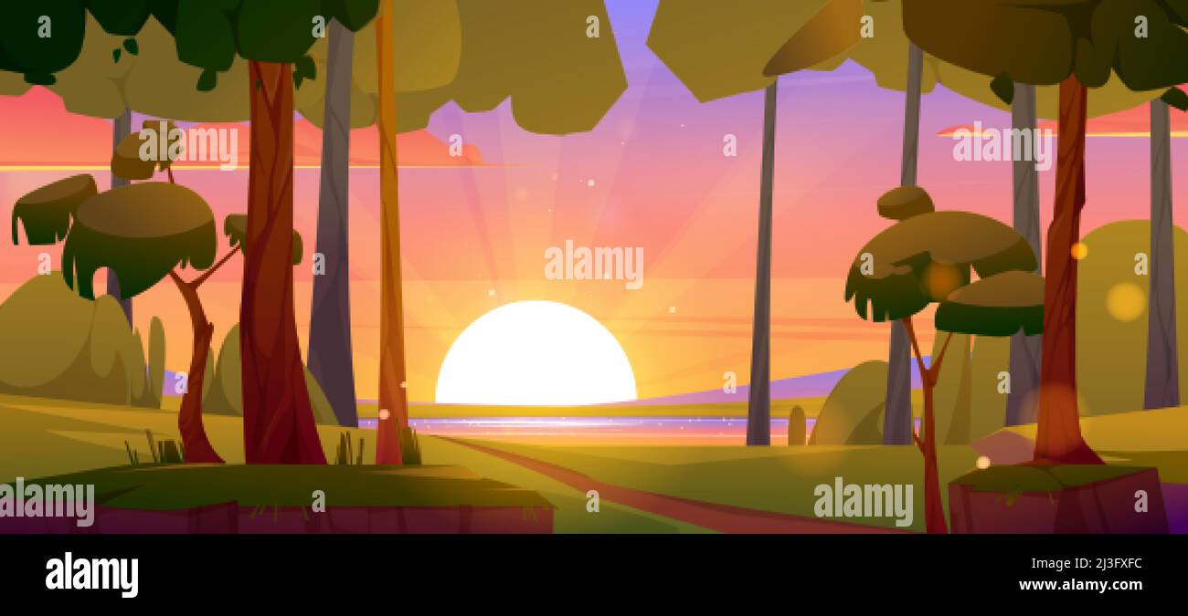 Summer landscape with forest and river at sunset. Nature scene with ...