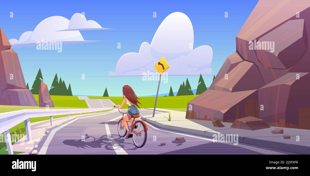 Woman rides on bike on road. Summer landscape with rocks, green fields ...